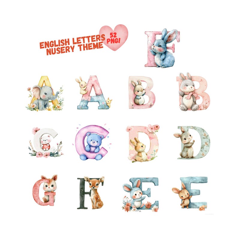 Watercolor Animal Alphabet Clipart: Nursery Decor Letters (52 PNG ...