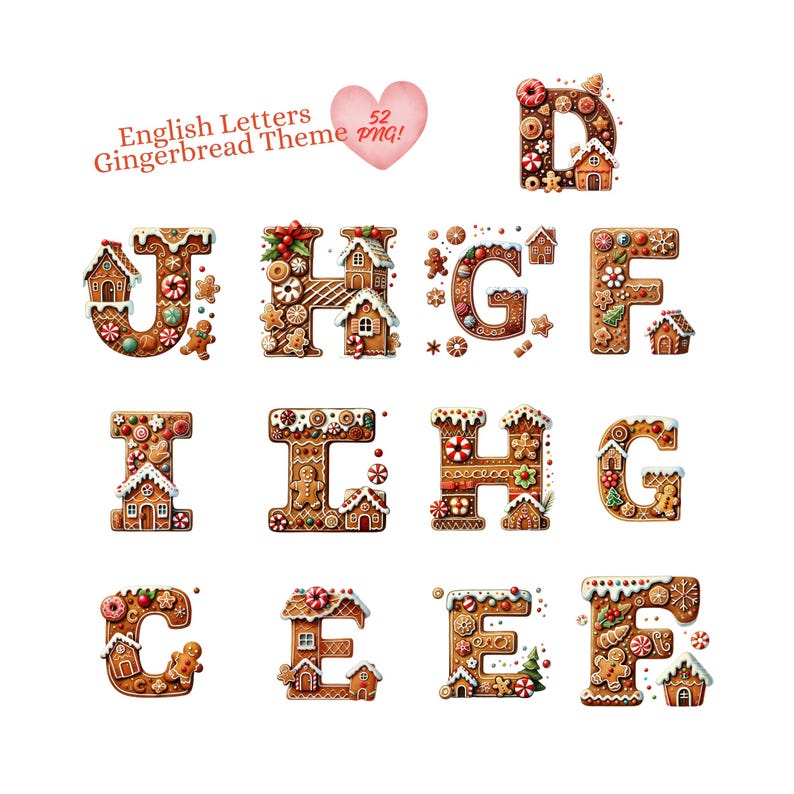 Christmas Gingerbread Alphabet Clipart: 52 Festive PNG Letters (AI ...