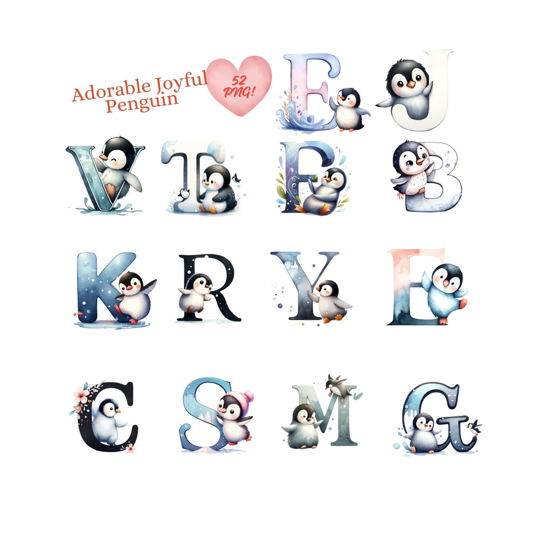 Watercolor Joyful Penguin Alphabet Letters Clipart, Transparent Bg ...