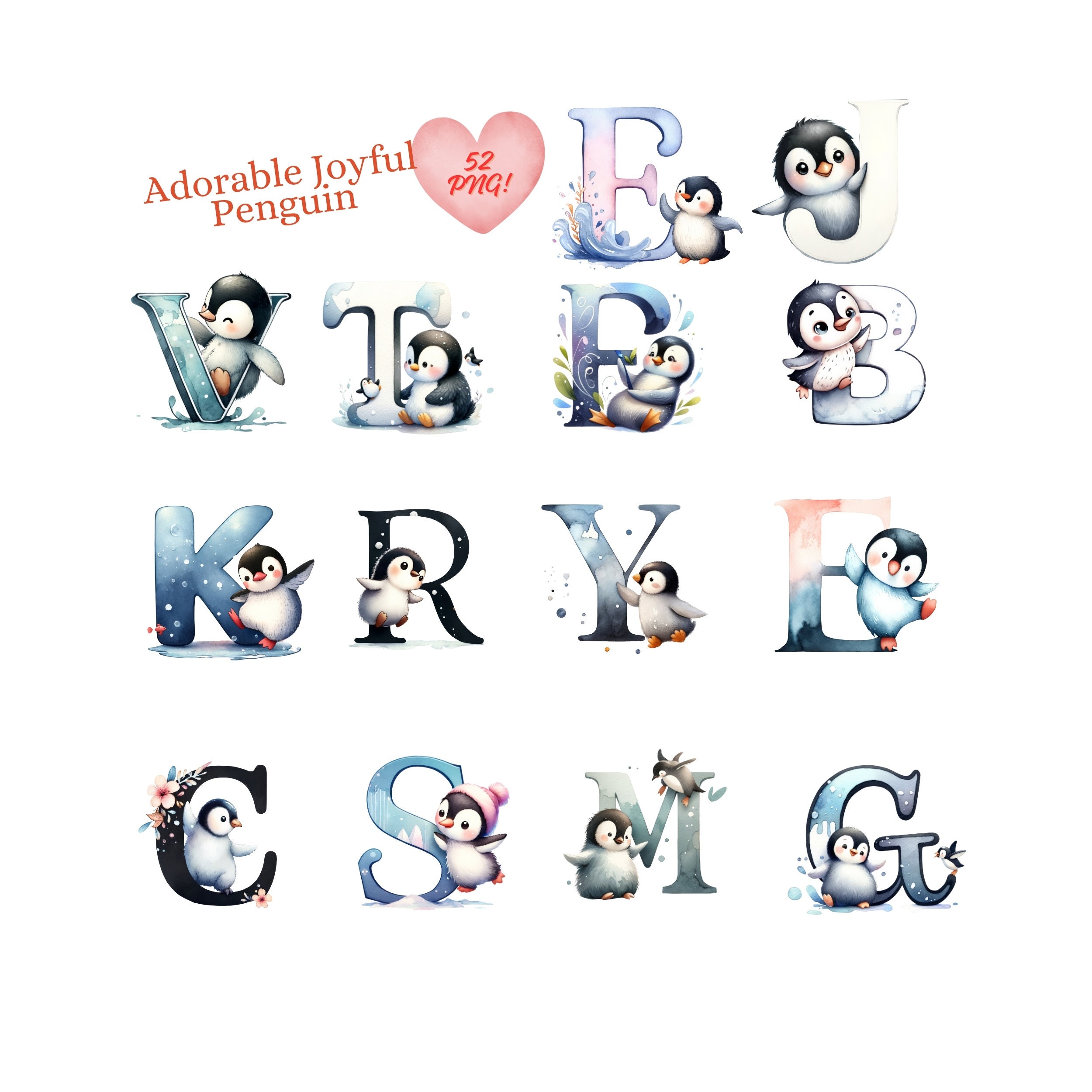 Watercolor Joyful Penguin Alphabet Letters Clipart, Transparent Bg ...
