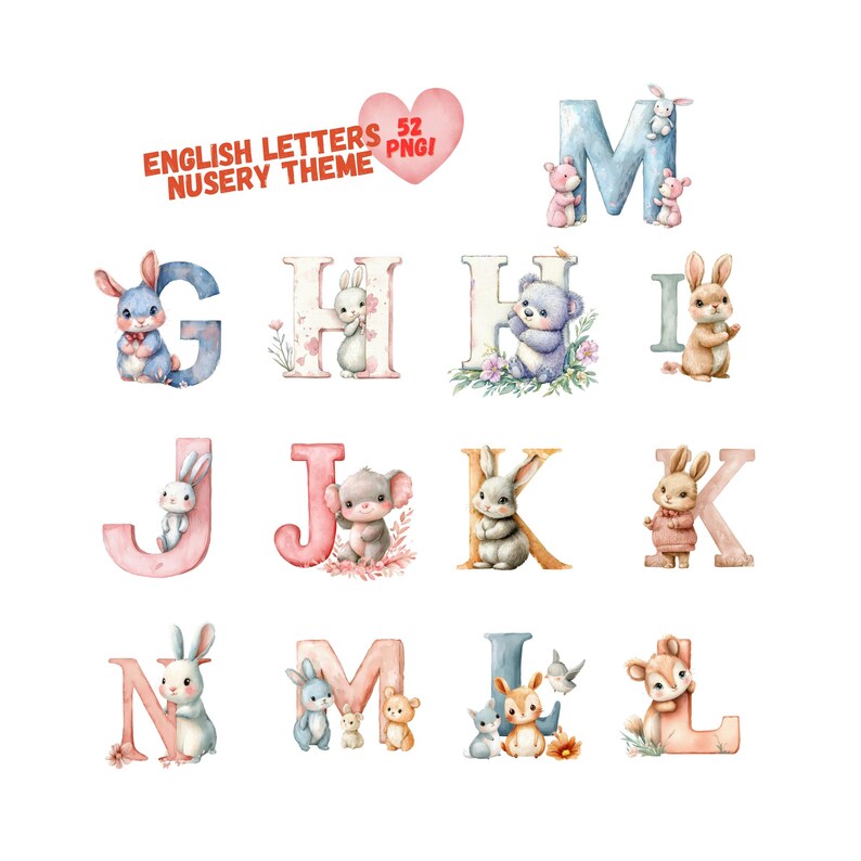 Watercolor Animal Alphabet Clipart: Nursery Decor Letters (52 PNG ...