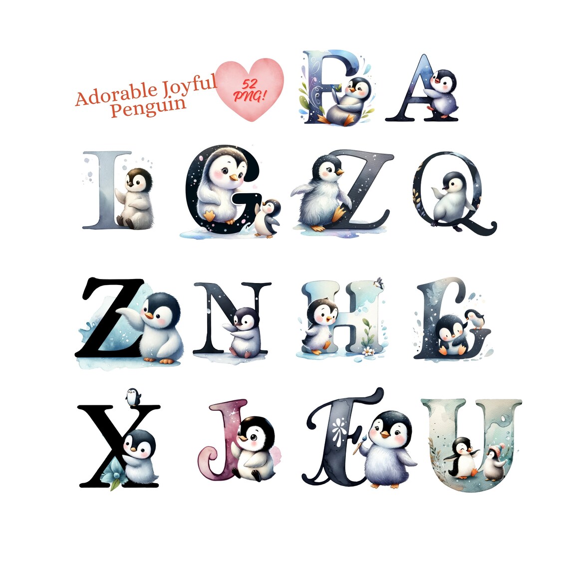 Watercolor Joyful Penguin Alphabet Letters Clipart, Transparent Bg ...