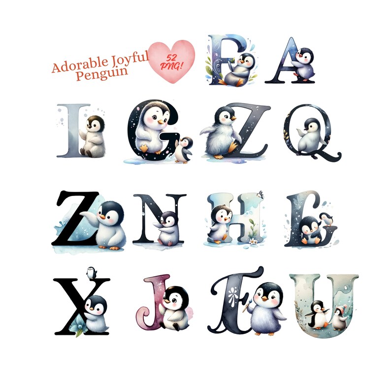 Watercolor Joyful Penguin Alphabet Letters Clipart, Transparent Bg ...
