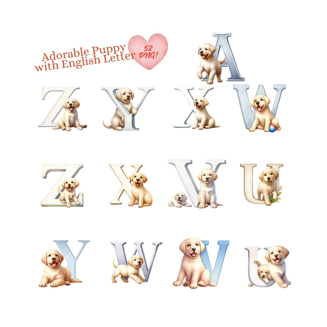 Watercolor Labrador Puppy Alphabet Letters Clipart Set, 52 PNG Files ...