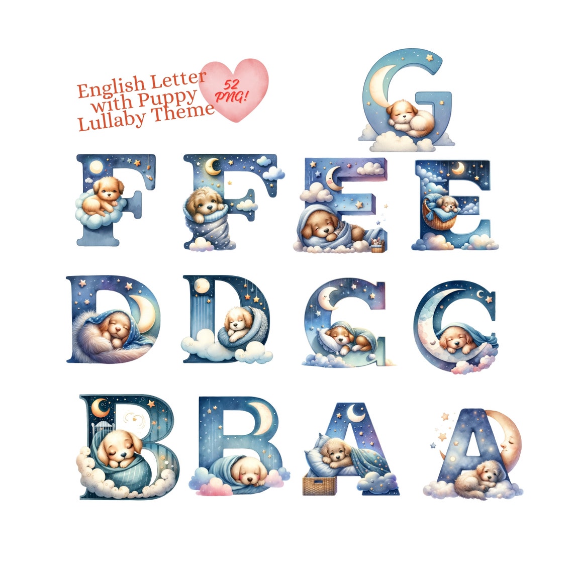 Sweet Dreams Puppy Lullaby Alphabet Clipart, Dreamy Nighttime Dog ...