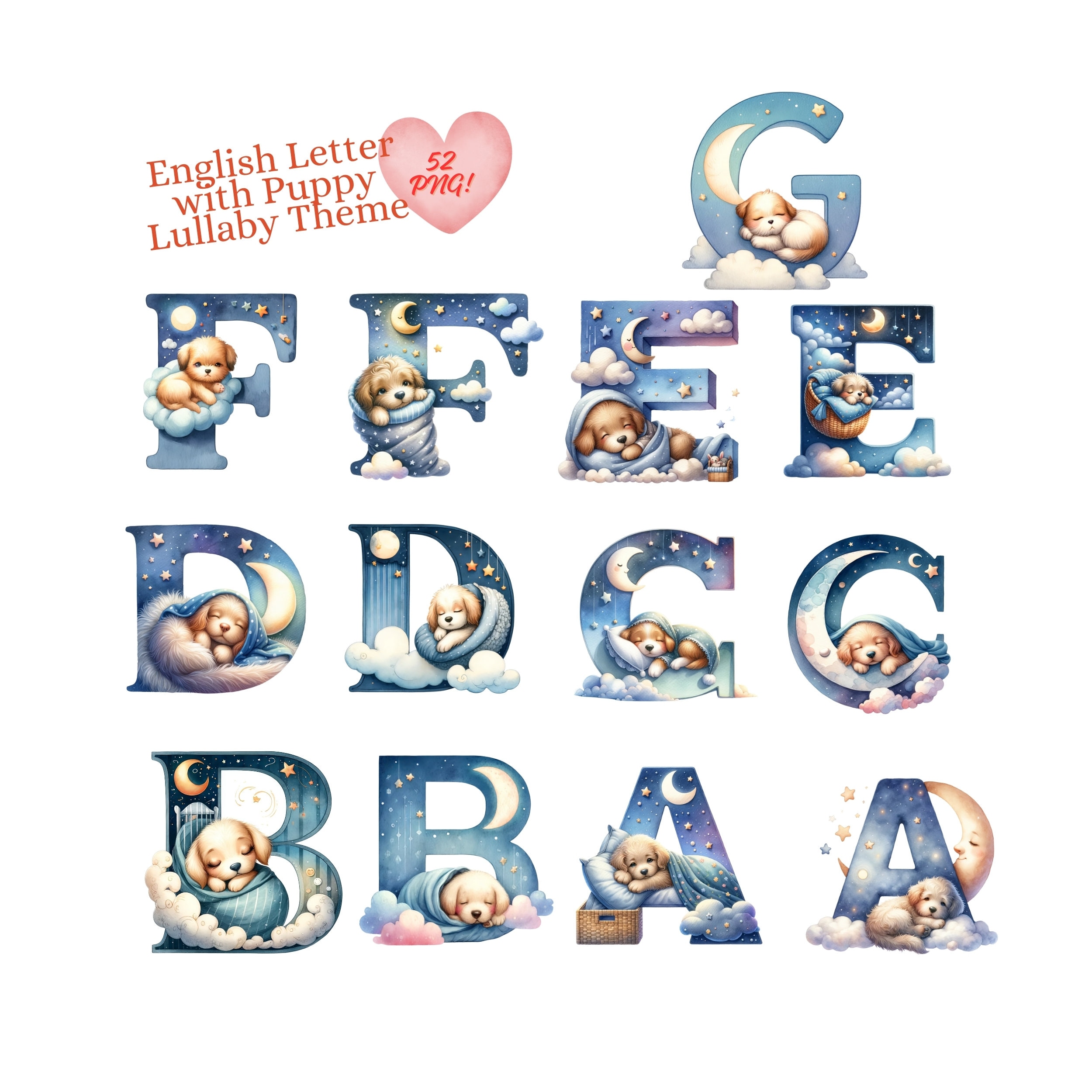 Sweet Dreams Puppy Lullaby Alphabet Clipart, Dreamy Nighttime Dog ...