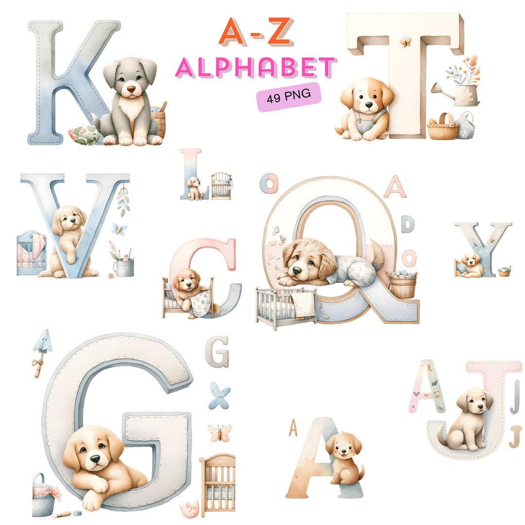 Watercolor Dog (canine) Alphabet Clipart, Transparent Background, High ...