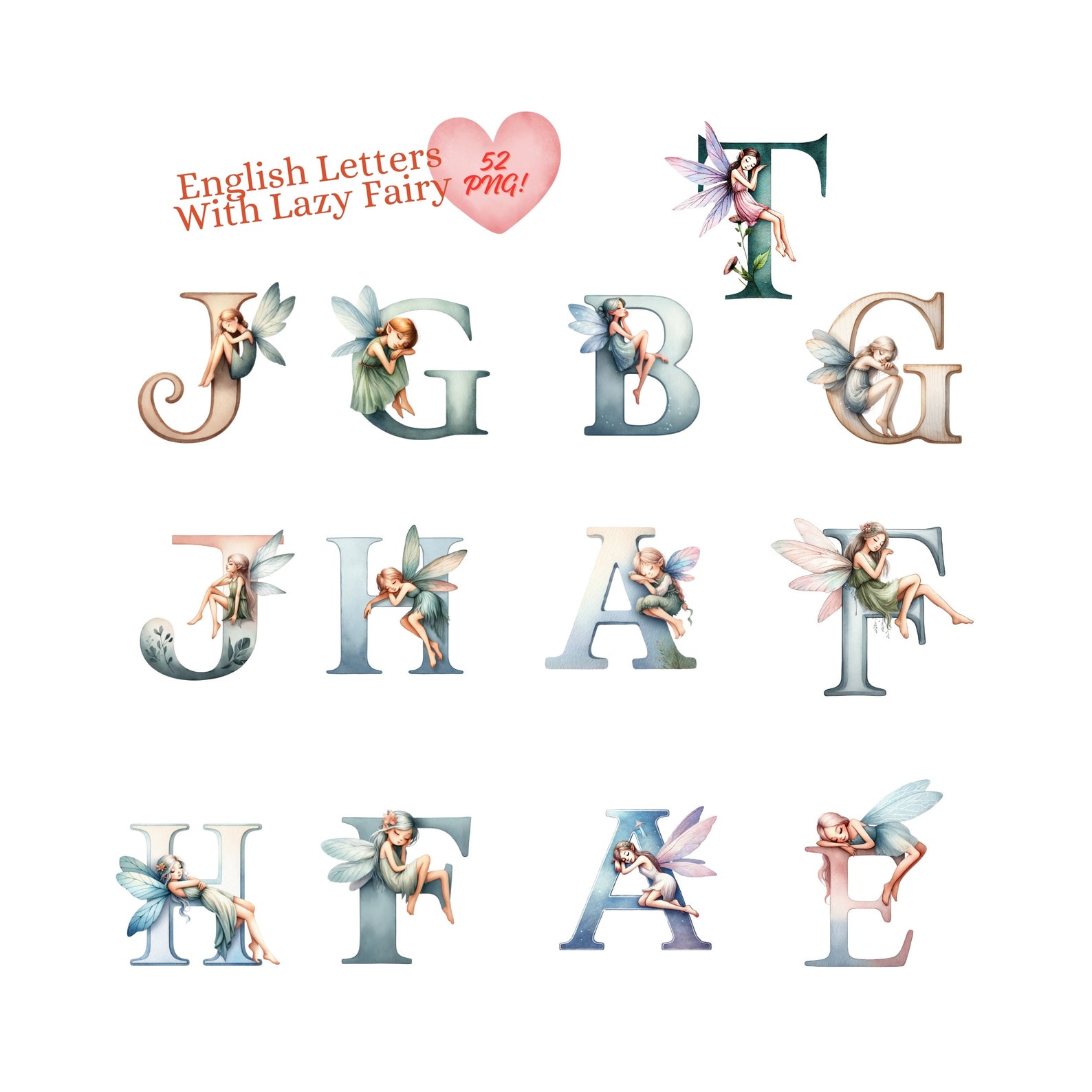 Watercolor Enchanting Fairy Alphabet Clipart - 52 PNG Letters With ...