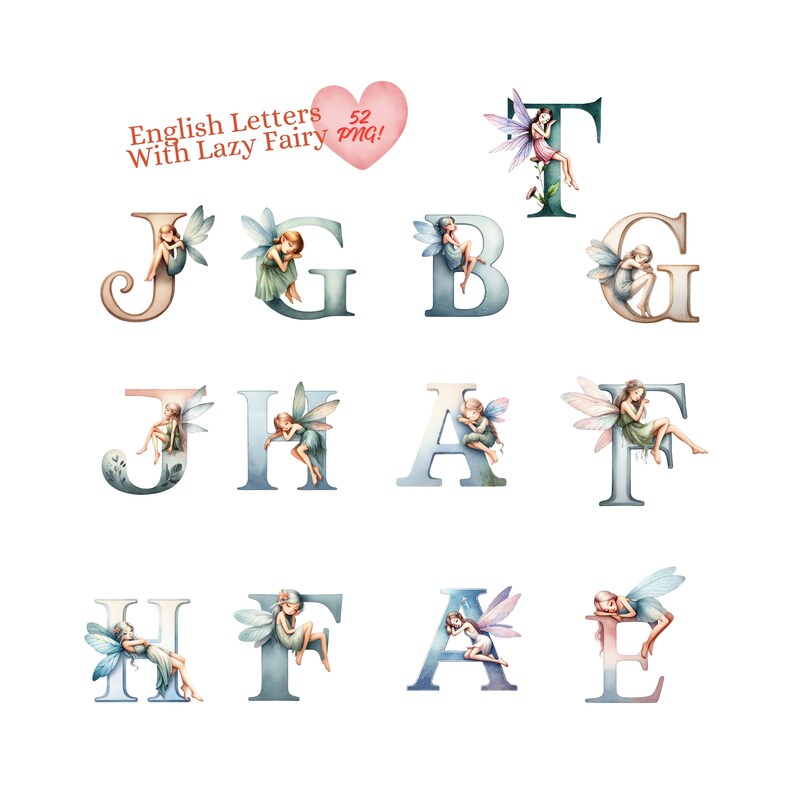 Watercolor Enchanting Fairy Alphabet Clipart - 52 PNG Letters With ...
