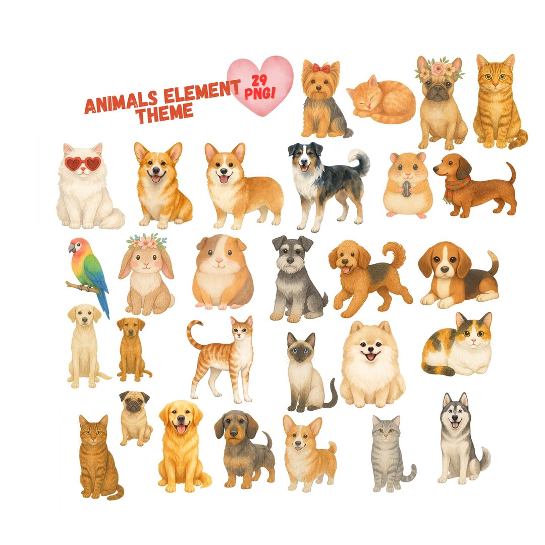 Watercolor Pet Clipart Bundle: Dog, Cat, Bunny, Parrot (digital ...