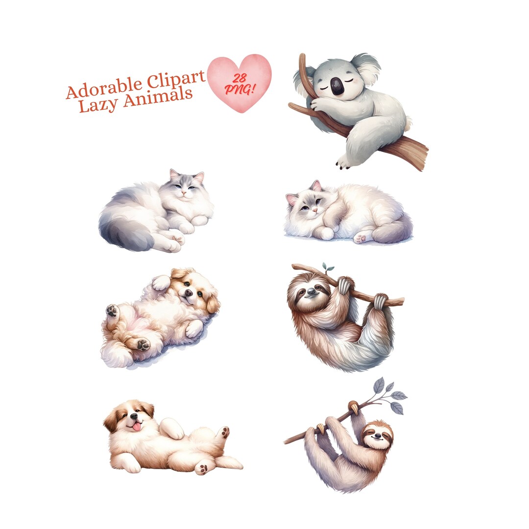 Watercolor Adorable Lazy Animals Clipart Set - 28 High-resolution PNG ...