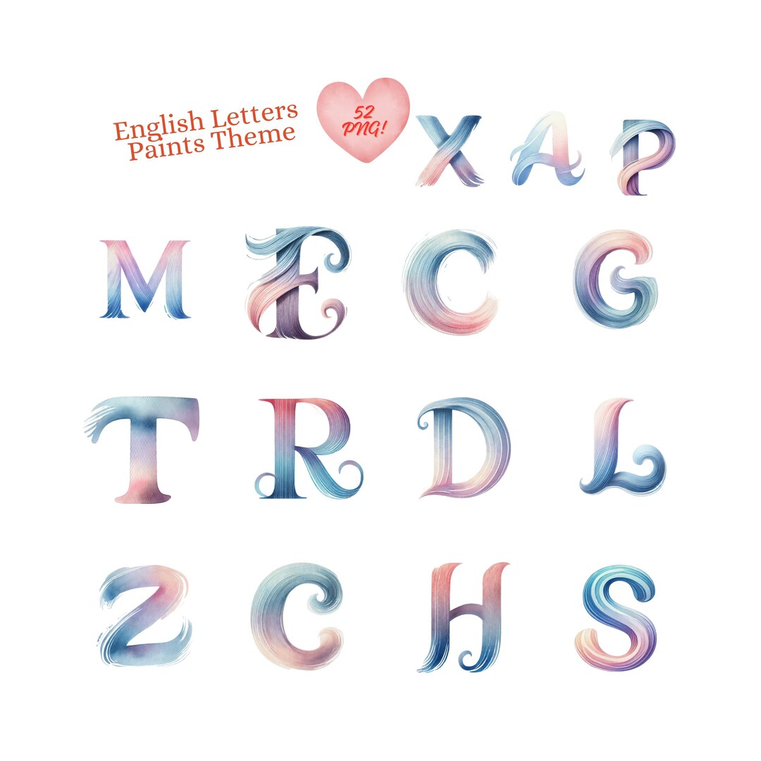 Watercolor Brush Stroke English Alphabet Letters Clipart Set, 52 Hi-res ...