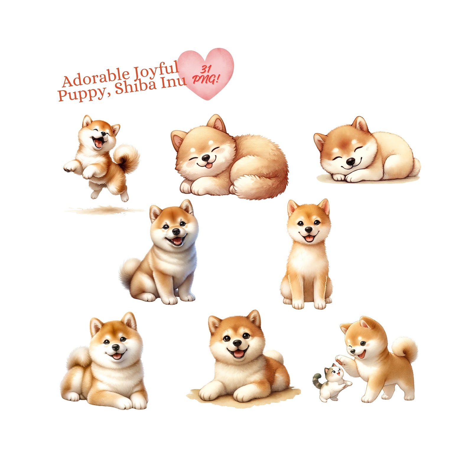 Charming Shiba Inu Puppy Clipart Bundle, 31 Adorable Cartoon Dog PNG ...