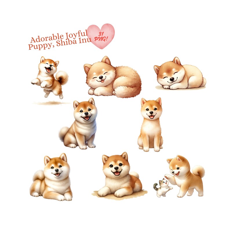 Charming Shiba Inu Puppy Clipart Bundle, 31 Adorable Cartoon Dog PNG ...