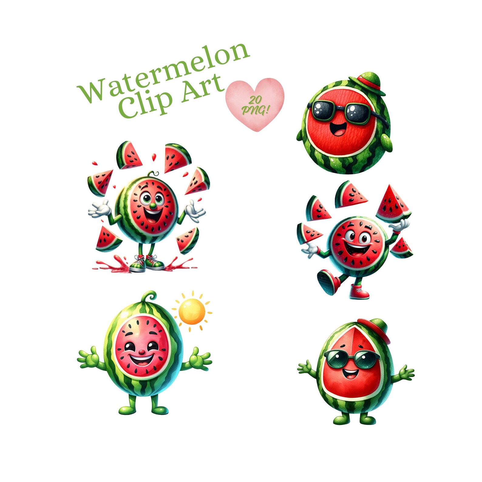 Variety of Watermelon Characters, Adorable Watermelon Clipart Bundle ...