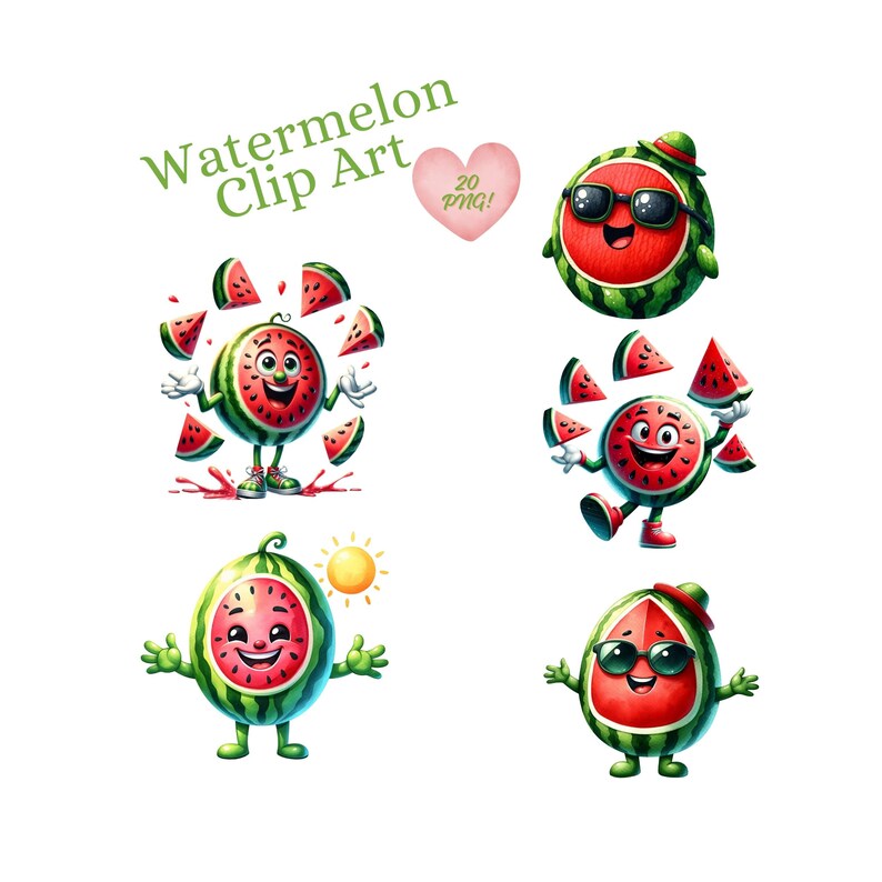 Variety of Watermelon Characters, Adorable Watermelon Clipart Bundle ...