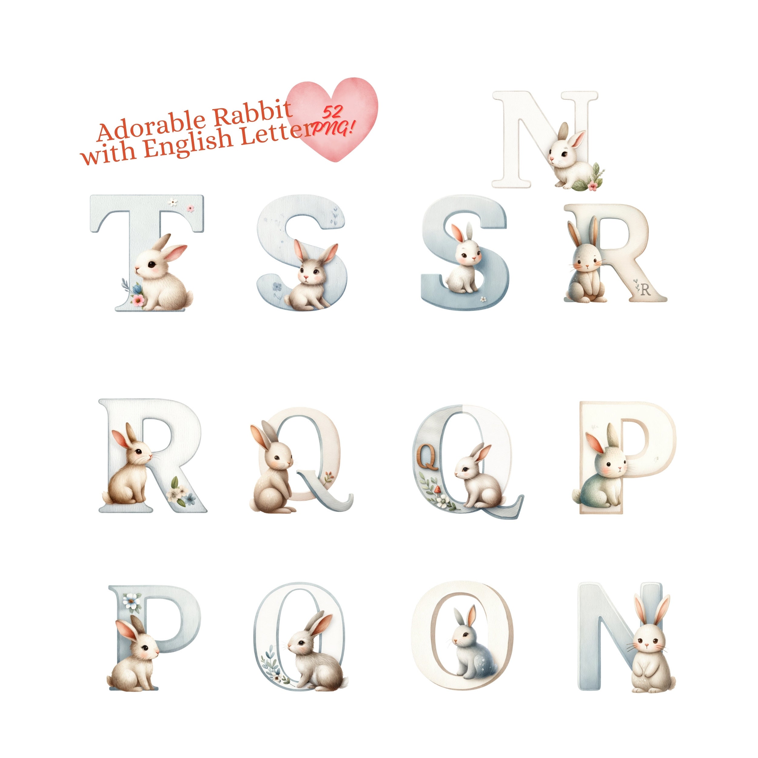 Watercolor Adorable Rabbit Alphabet Clipart, Transparent Background ...