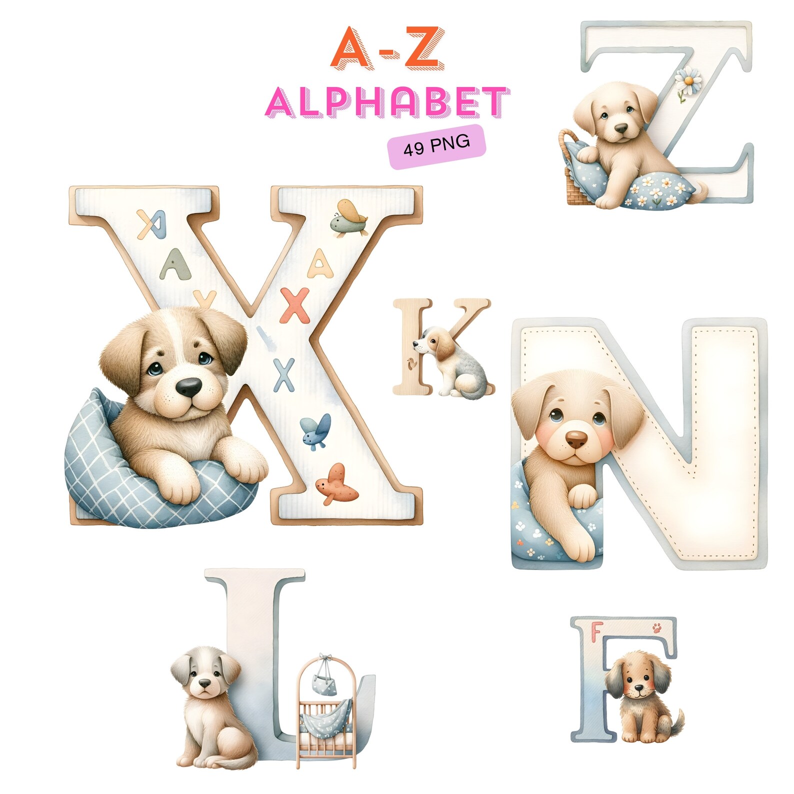 Watercolor Dog (canine) Alphabet Clipart, Transparent Background, High ...