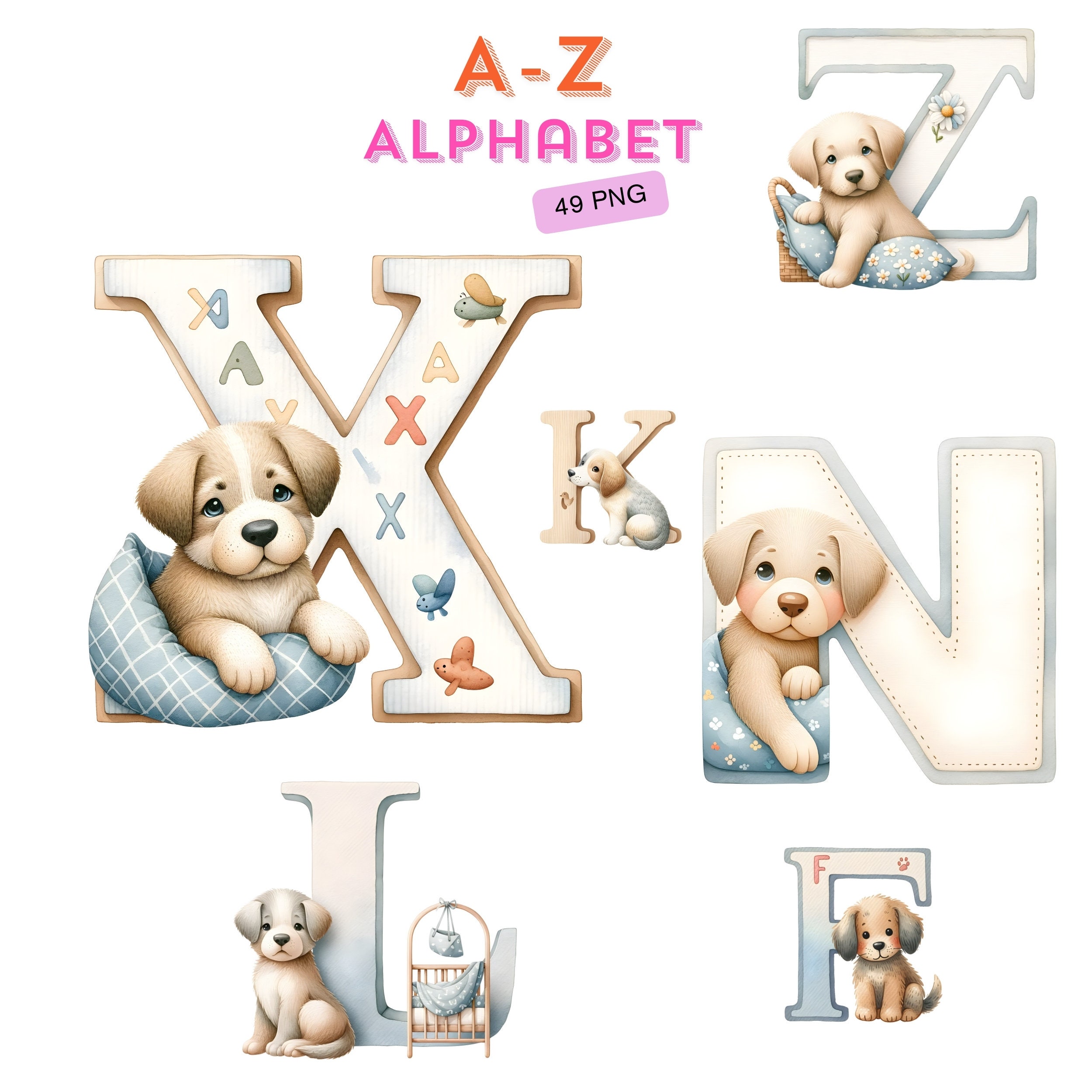 Watercolor Dog (canine) Alphabet Clipart, Transparent Background, High ...