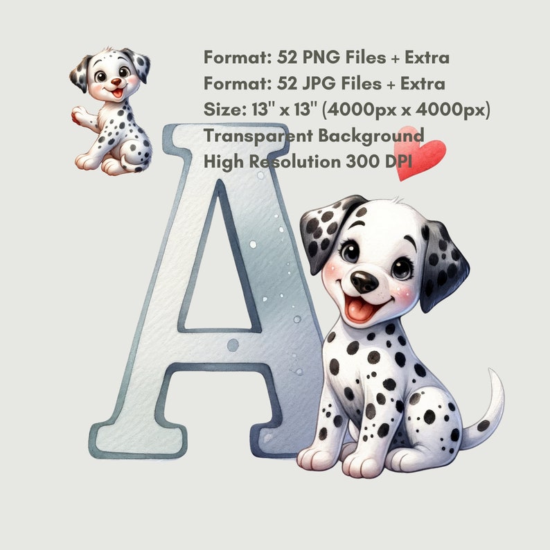 Watercolor Dalmatian Puppy Alphabet Clipart Set, 52 PNG and JPG Files ...