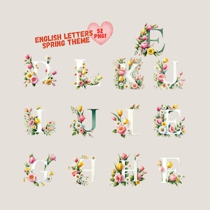 Floral Alphabet PNG Bundle, Spring Letters Clipart, Watercolor Flower ...