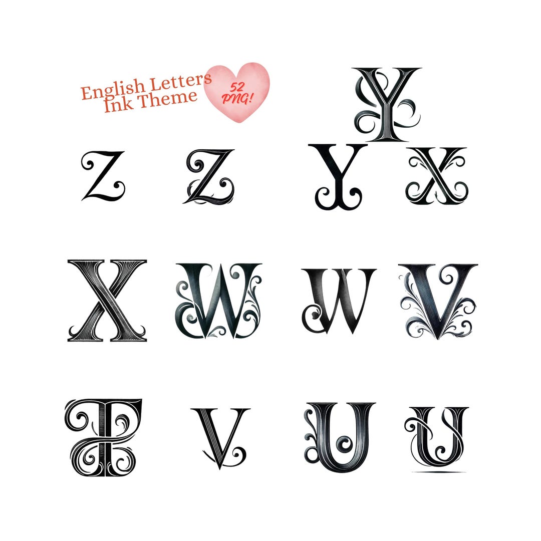Watercolor AI Generate Elegant Black Ink Alphabet PNG Set - 52 High ...