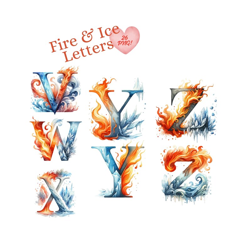 Watercolor Elemental Fusion Alphabet Clipart: Striking Fire & Ice ...