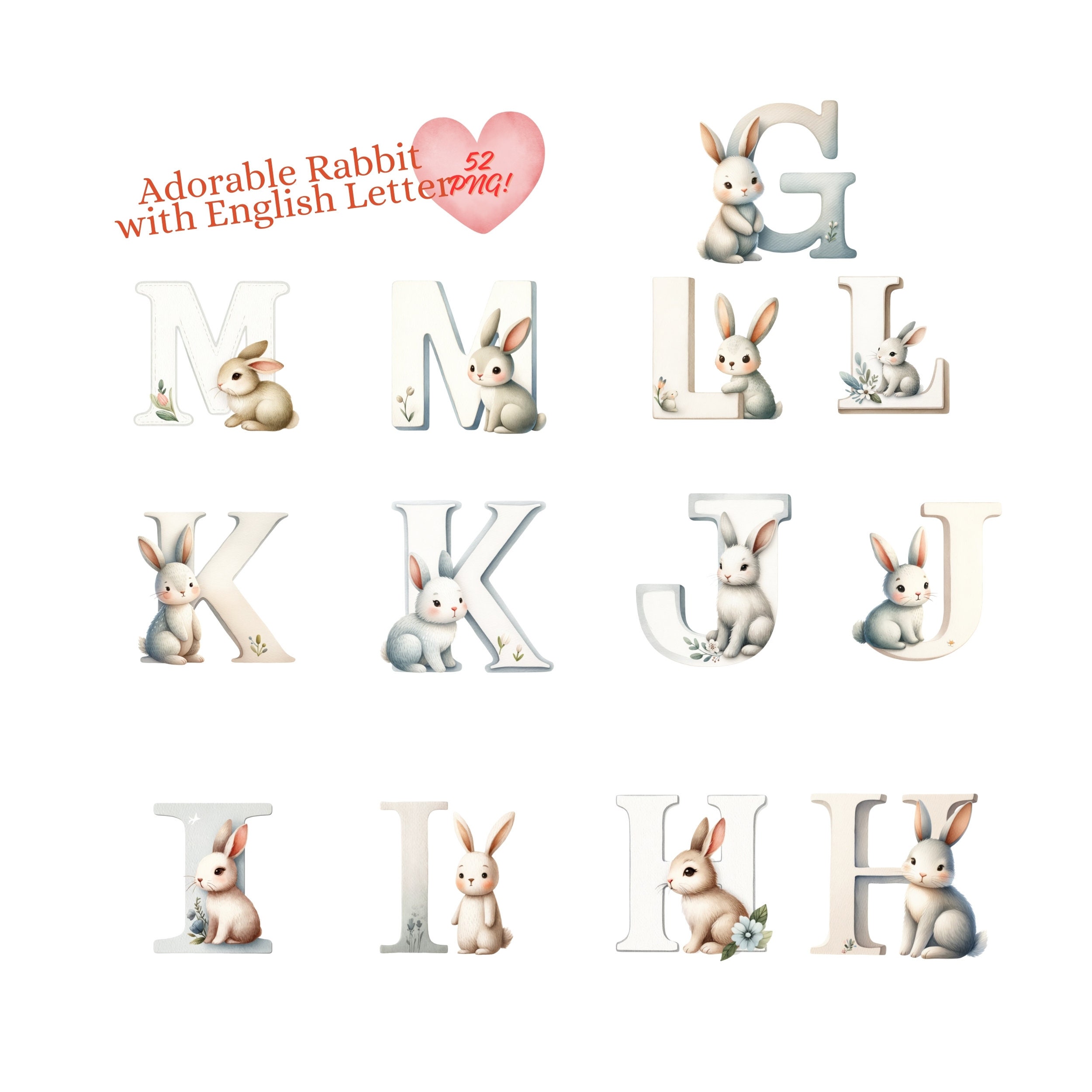 Watercolor Adorable Rabbit Alphabet Clipart, Transparent Background ...