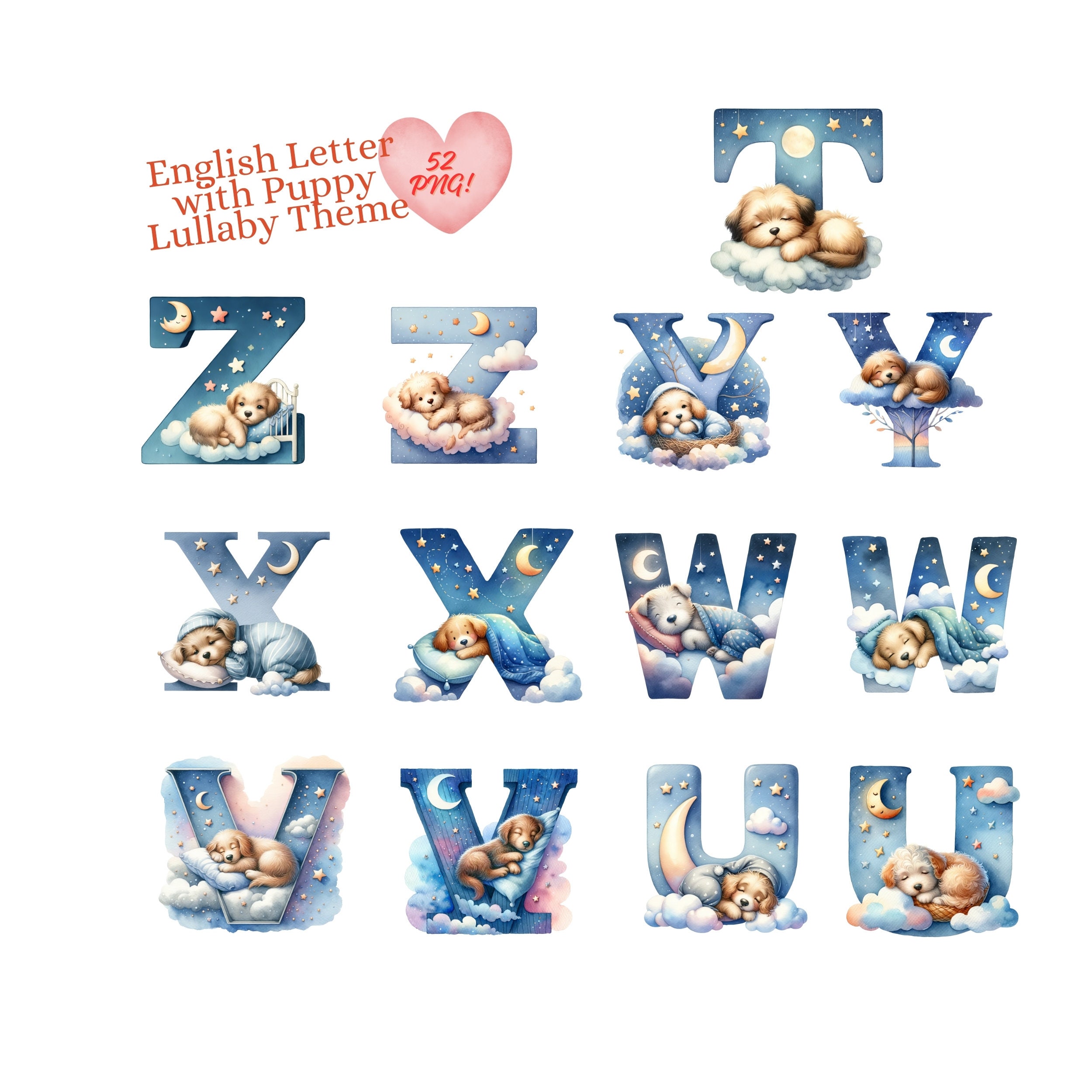 Sweet Dreams Puppy Lullaby Alphabet Clipart, Dreamy Nighttime Dog ...