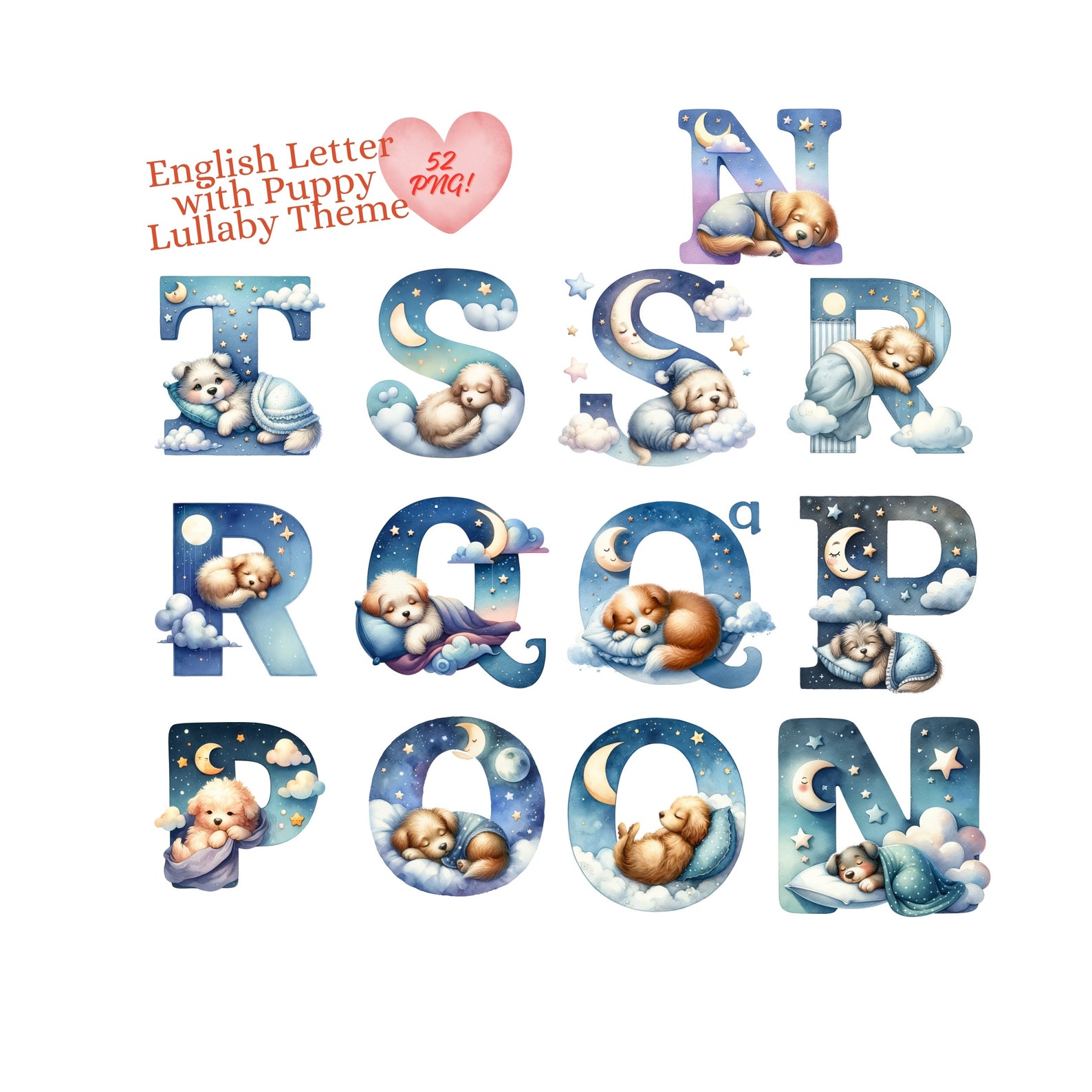 Sweet Dreams Puppy Lullaby Alphabet Clipart, Dreamy Nighttime Dog ...