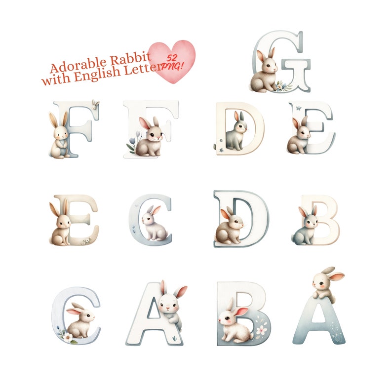 Watercolor Adorable Rabbit Alphabet Clipart, Transparent Background ...