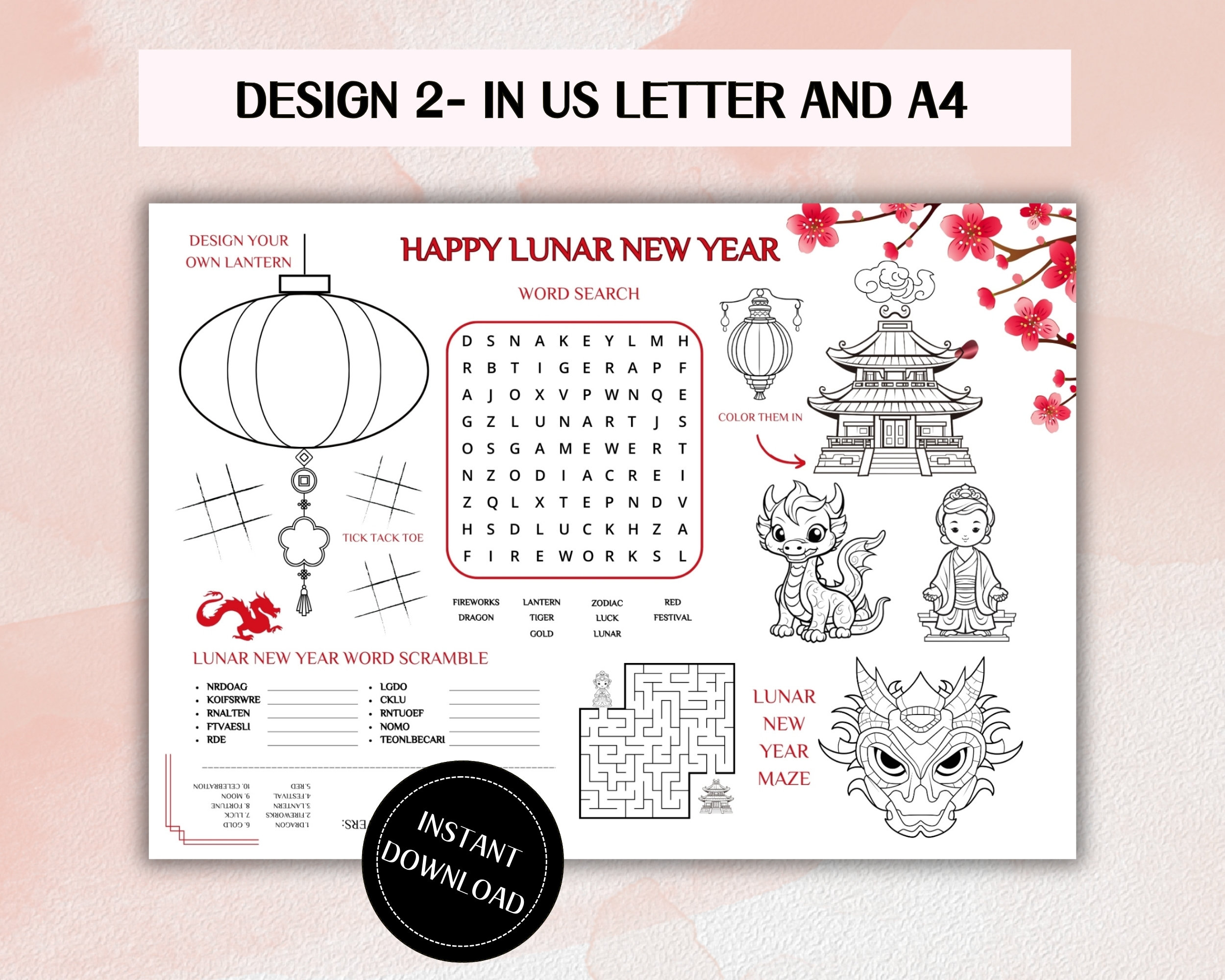 Lunar New Year Printable Kids Activity Coloring Placemat, Printable ...