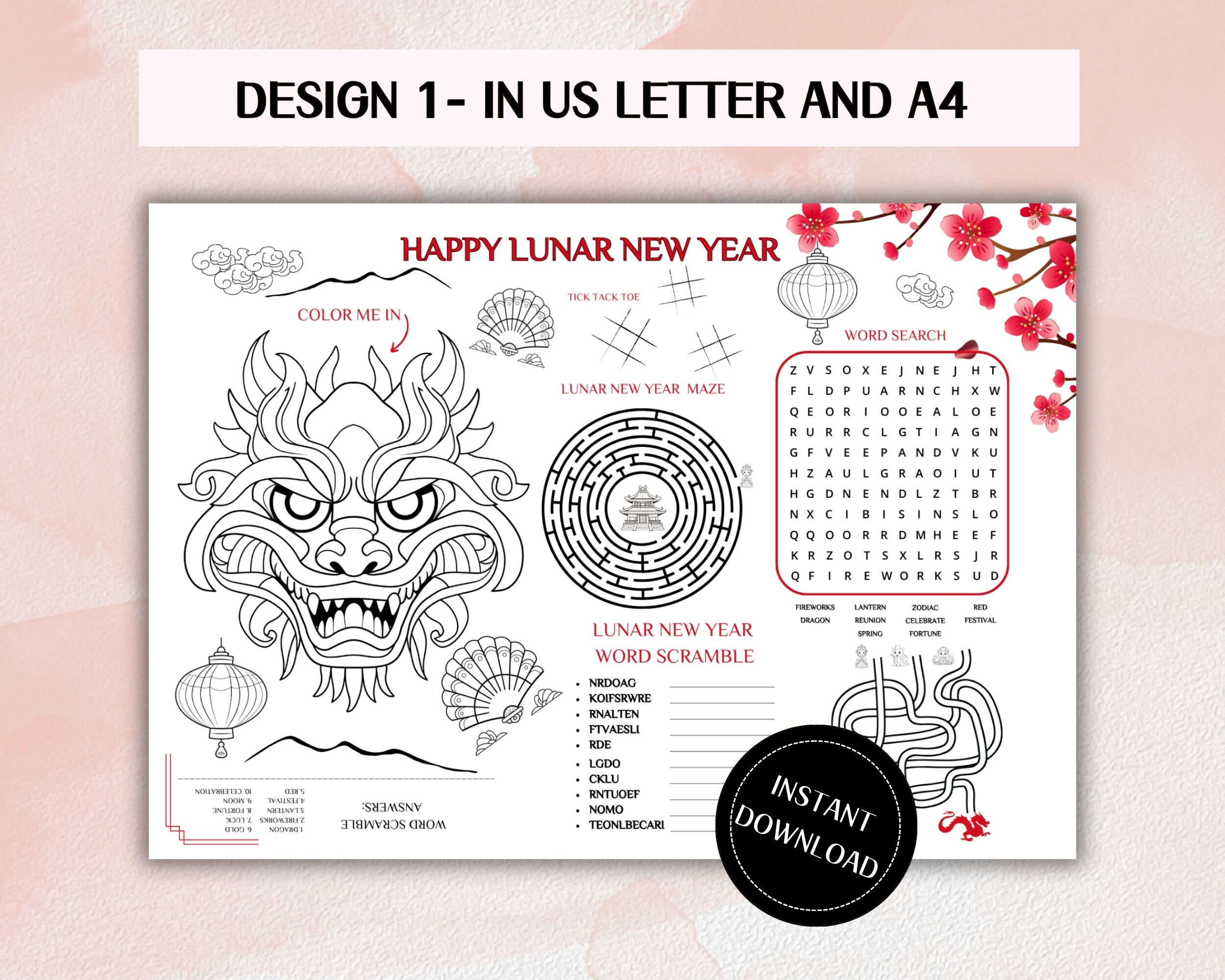Lunar New Year Printable Kids Activity Coloring Placemat, Printable ...