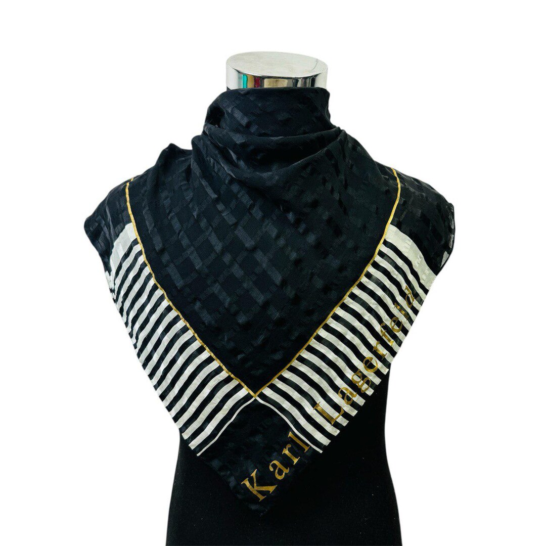 Karl Lagerfeld Silk Scarf: Black White Gold Gingham Textured Designer ...