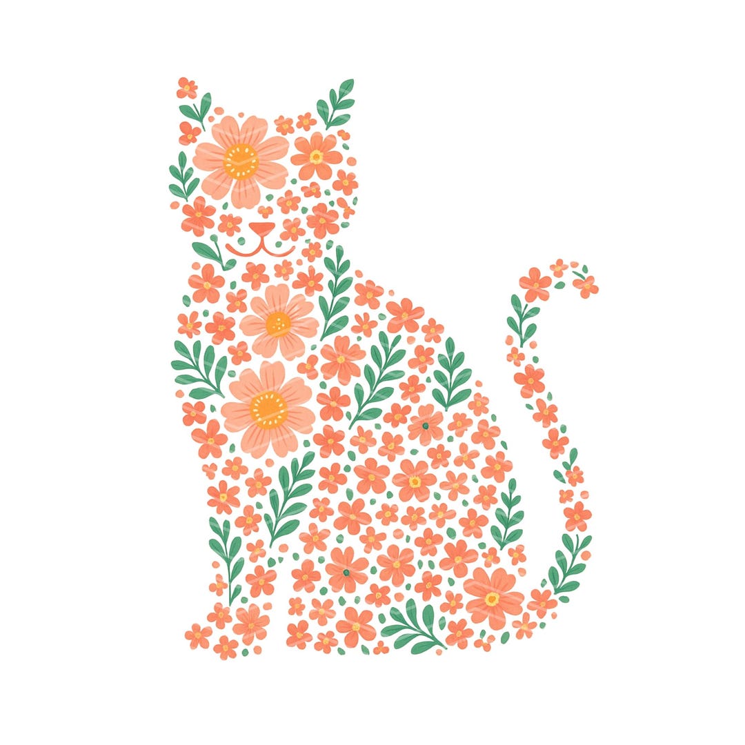 Floral Cat PNG: Transparent Flower Kitty Sublimation Design (digital ...