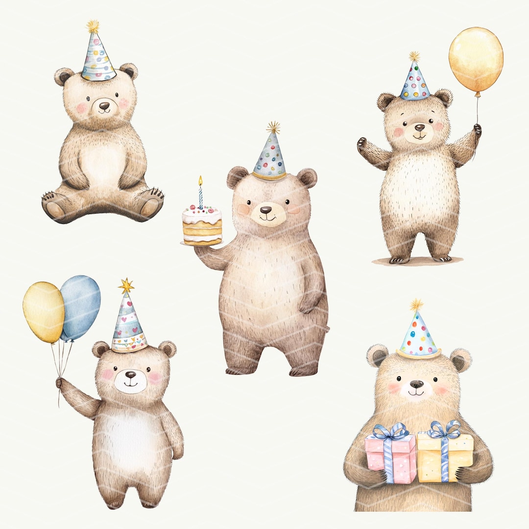 Watercolor Birthday Bear Bundle, 5 PNG Images, Transparent Background ...