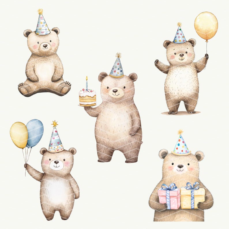 Watercolor Birthday Bear Clipart: Party PNG Images (digital Download ...