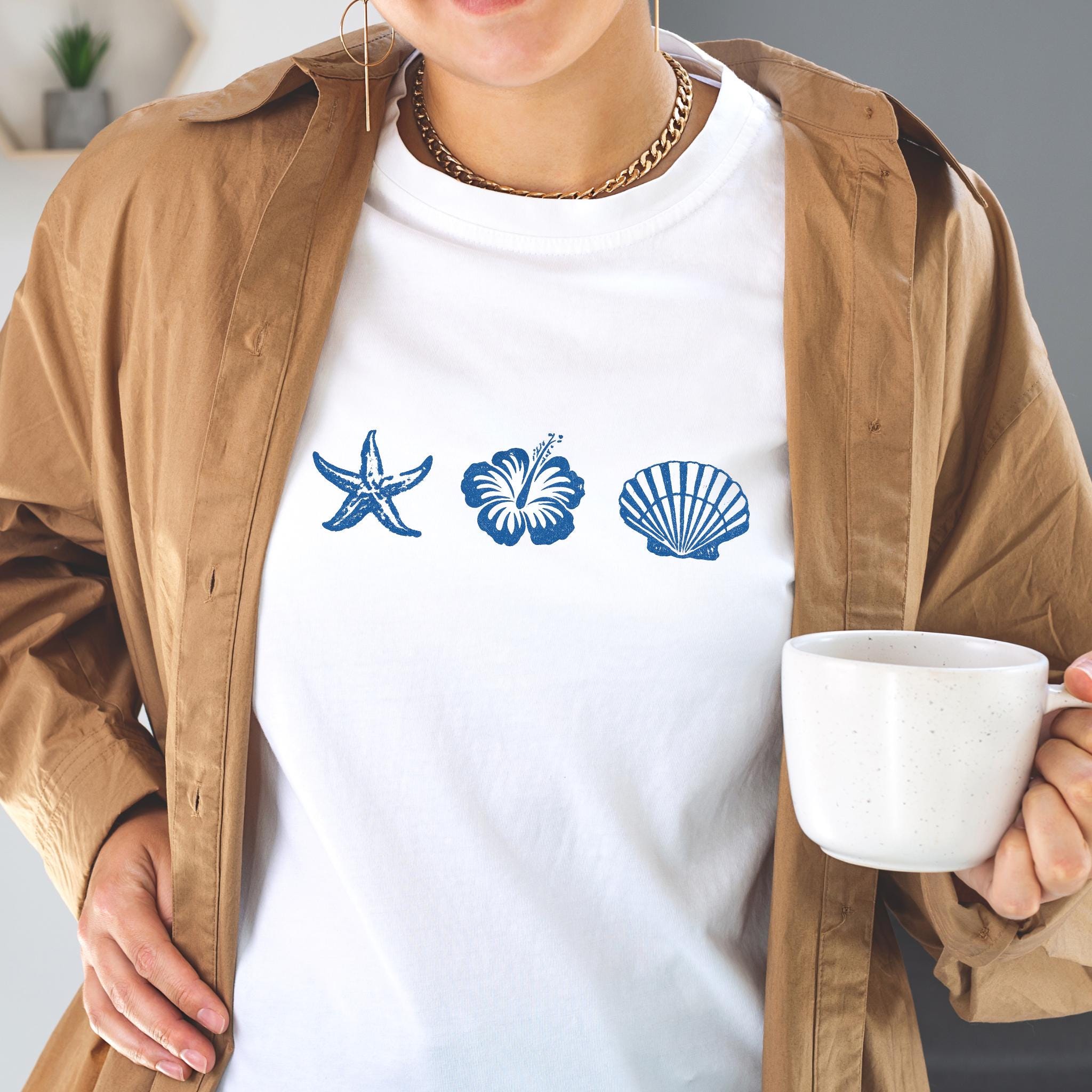 Vintage Seashell PNG: Beach Graphic With Starfish & Hibiscus (digital ...