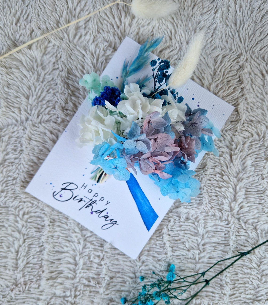 Watercolor Card With Dried Flowers "happy Birthday" / Bouquet ...