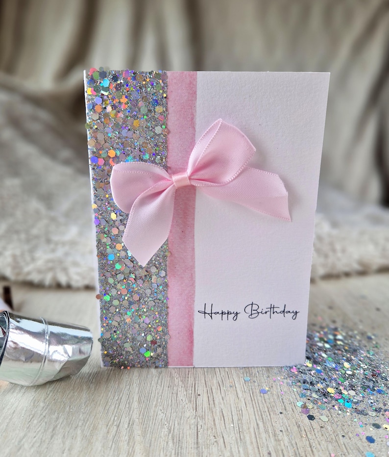 Watercolor Glitter Birthday Card "happy Birthday" With Ribbon / Gift ...