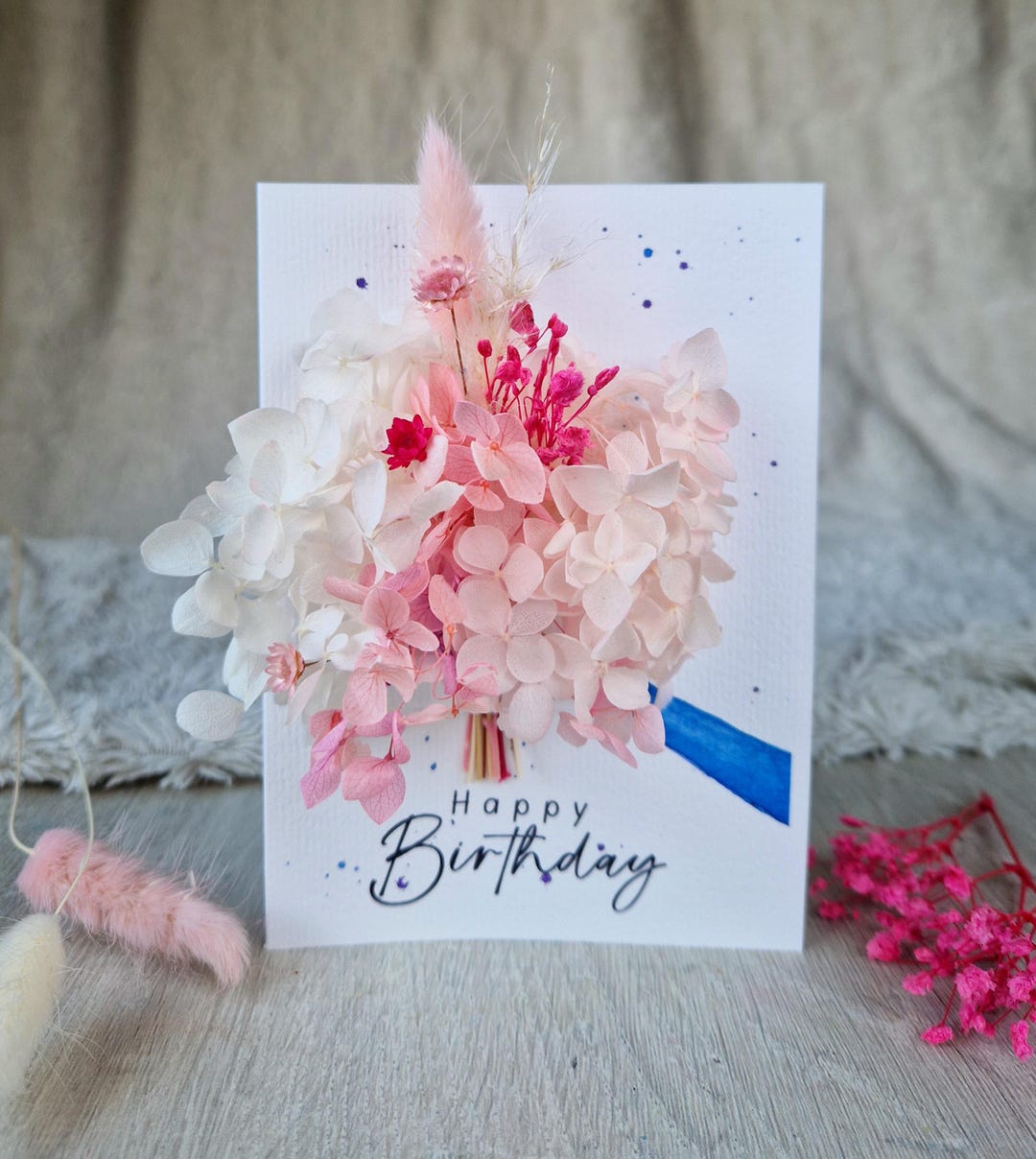 Watercolor Card With Dried Flowers "happy Birthday" / Bouquet ...