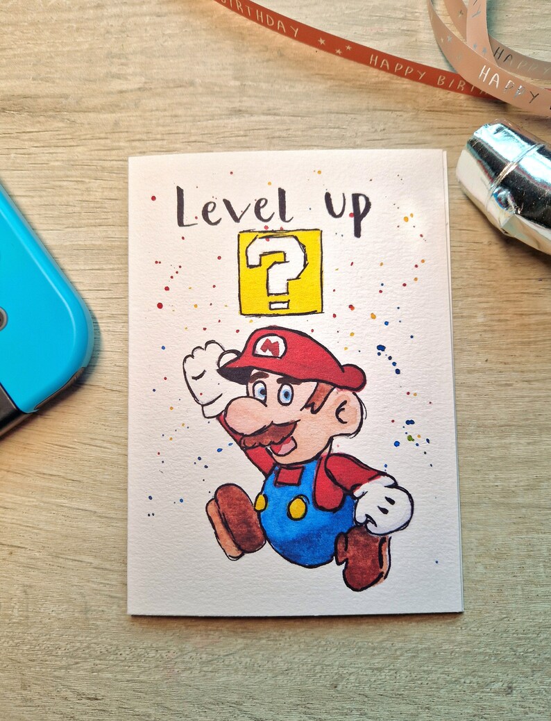 Watercolor Birthday Card level Up / Super Mario / Nintendo / Birthday ...