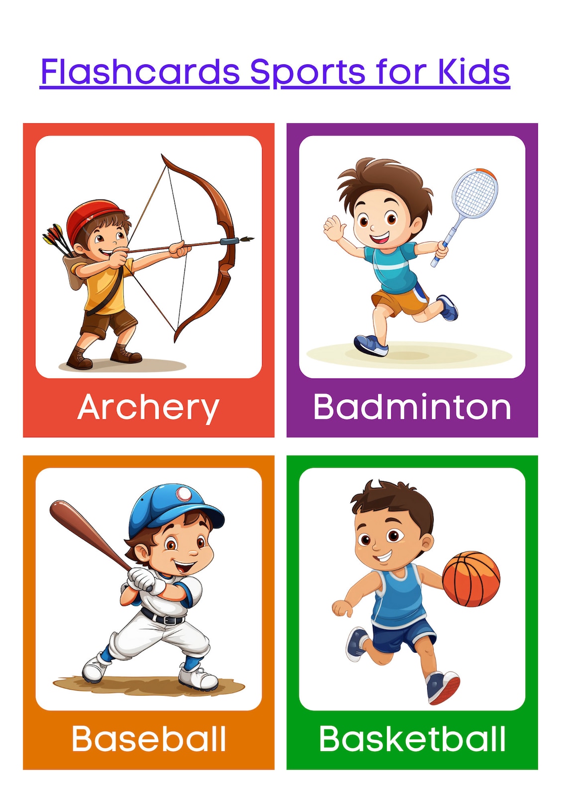 Sports Flashcards VOCABULARY for Kids 27 Words - Etsy