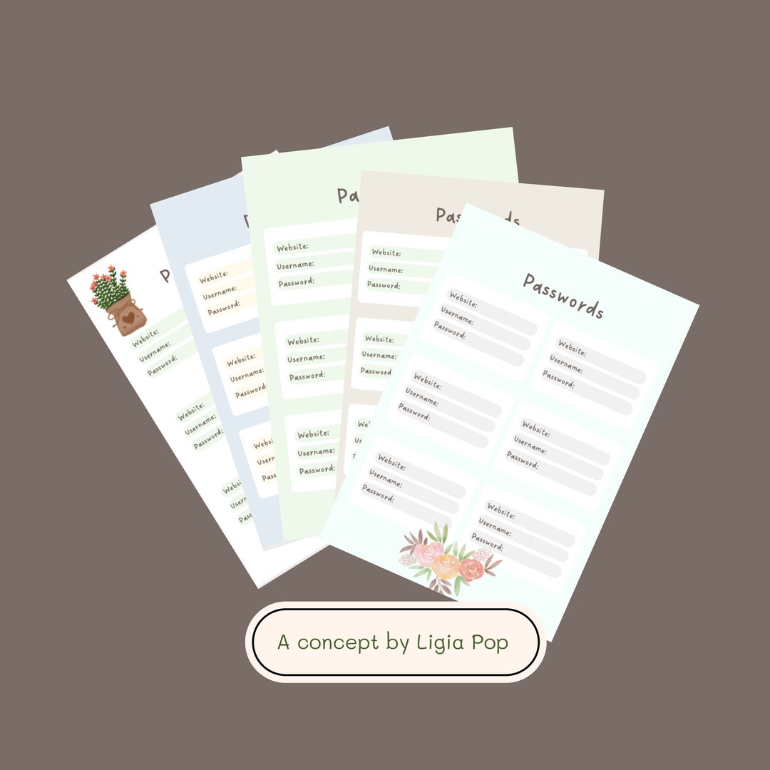 5 Designs Printable Password Organizer, Password Log, Printable ...