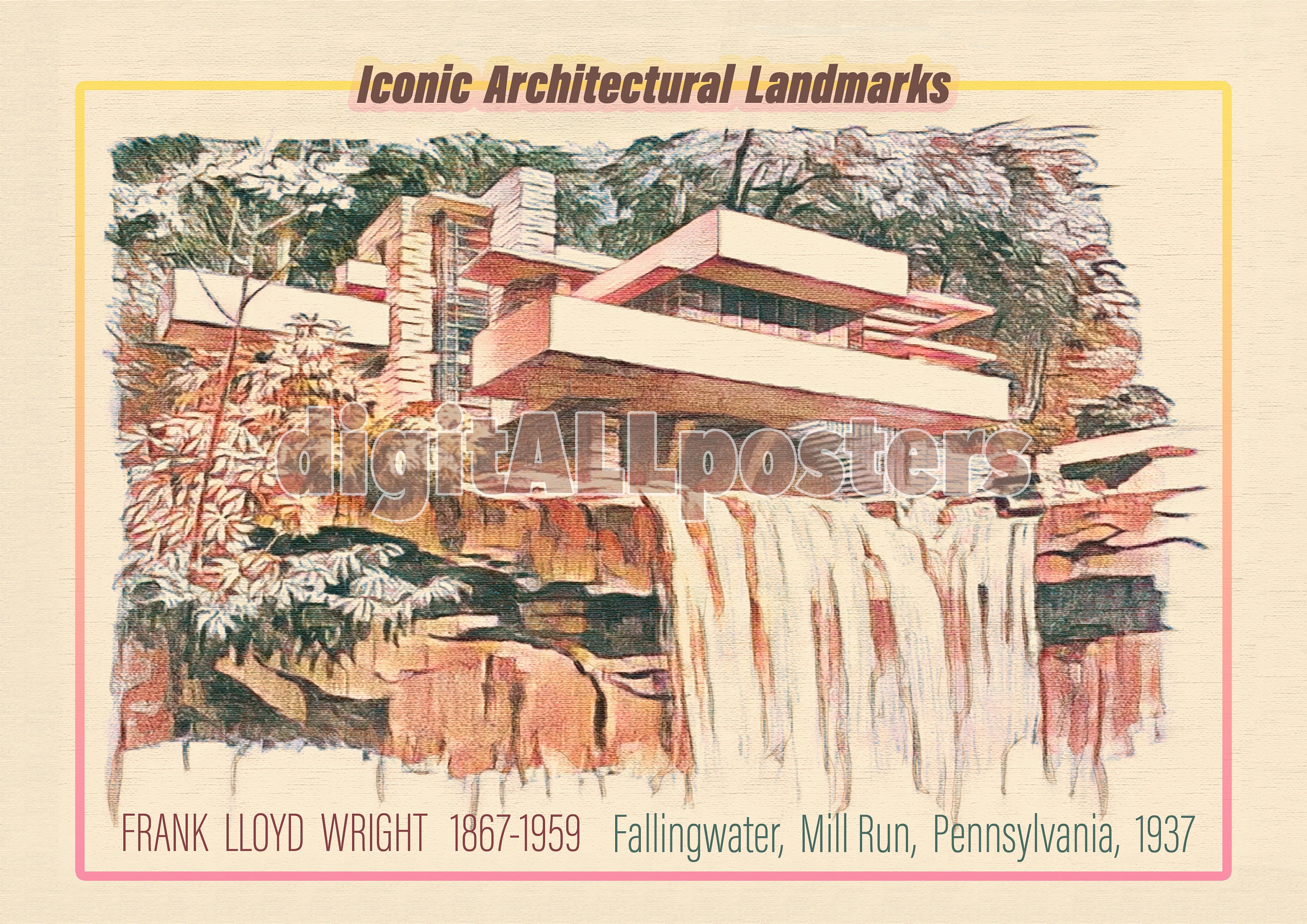Frank Lloyd Wright Fallingwater Poster Wall Art, Downloadable ...