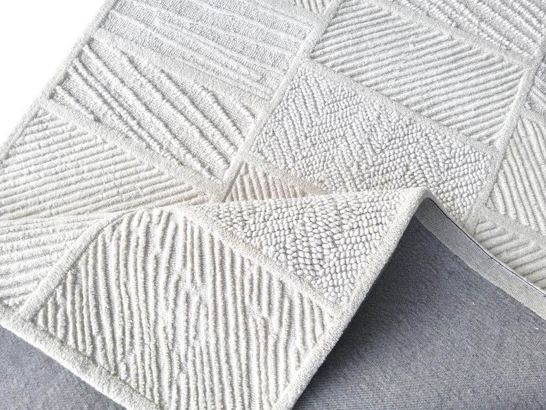 Modern Geometric Texture Area Rug – White & Grey Sculpted Block Pattern ...