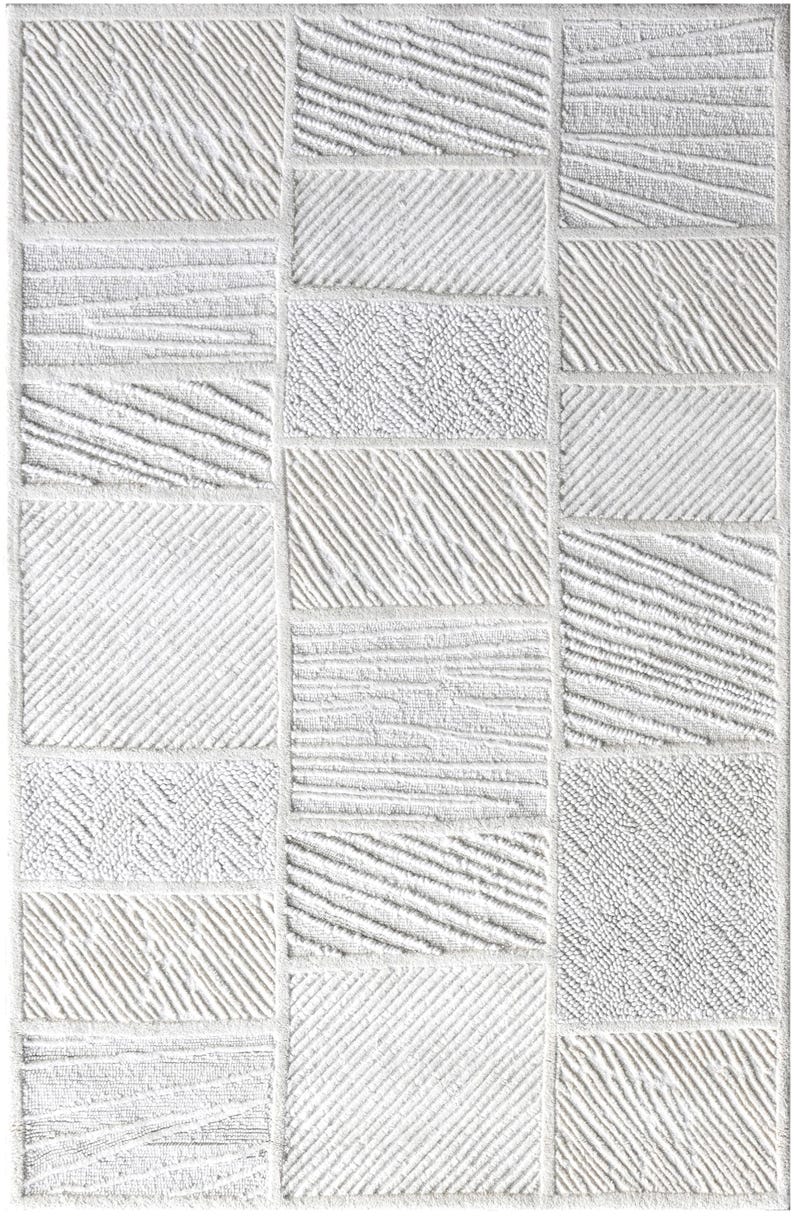 Modern Geometric Texture Area Rug – White & Grey Sculpted Block Pattern ...