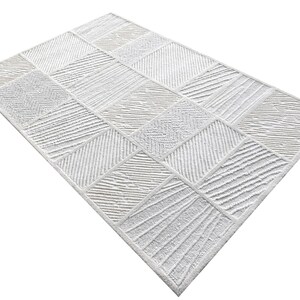 Modern Geometric Texture Area Rug – White & Grey Sculpted Block Pattern ...