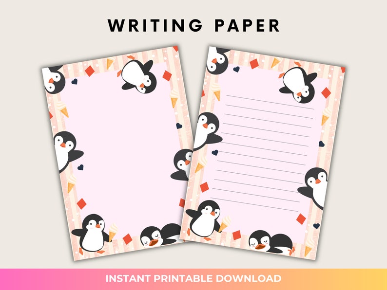 Printable Stationery Lined Paper, Writing Pages, Animal Themed Penguin ...