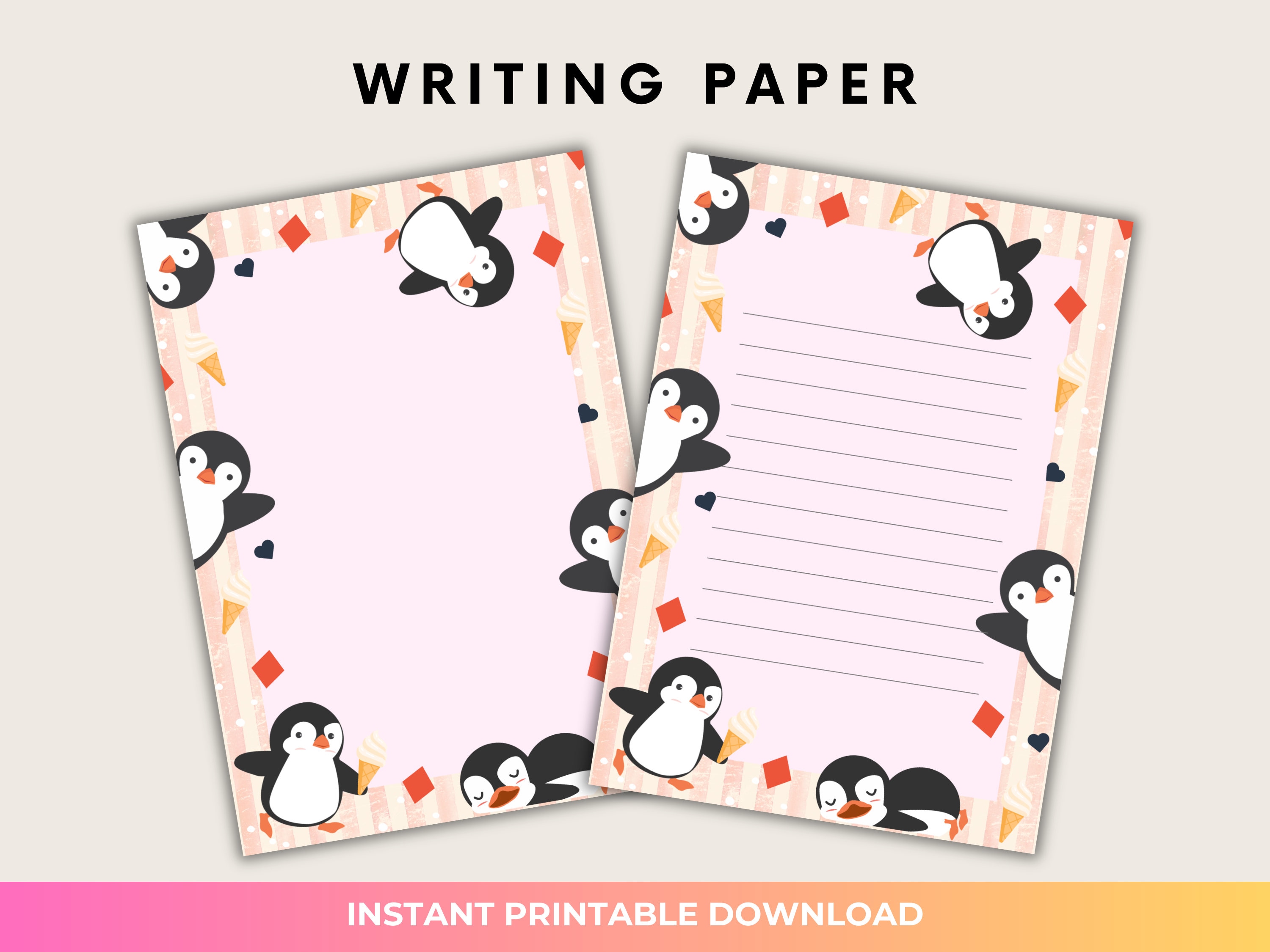 Printable Stationery Lined Paper, Writing Pages, Animal Themed Penguin ...
